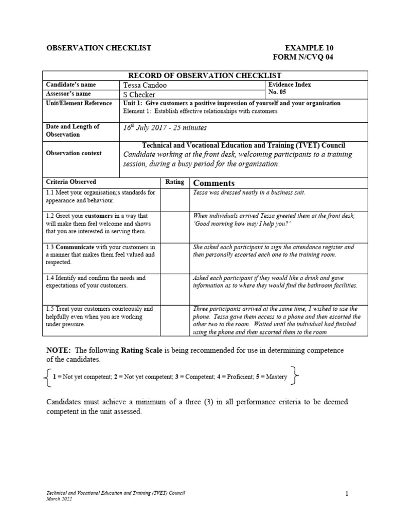 Sample Observation Checklist | PDF