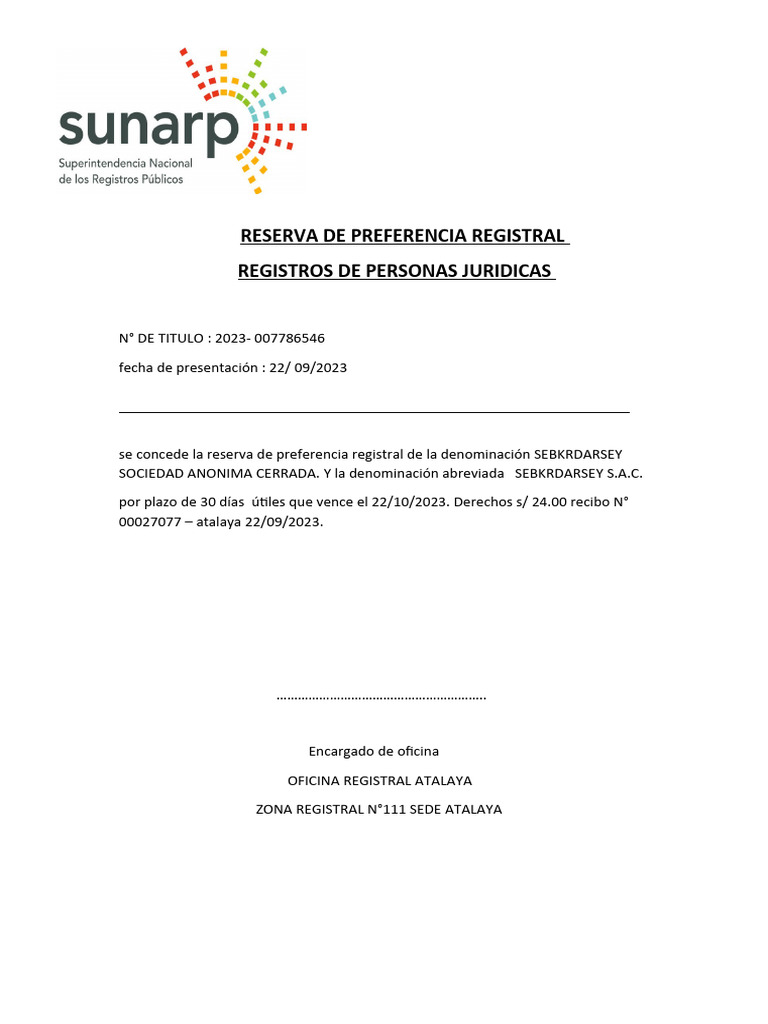 Reserva de Preferencia Registral Original | PDF