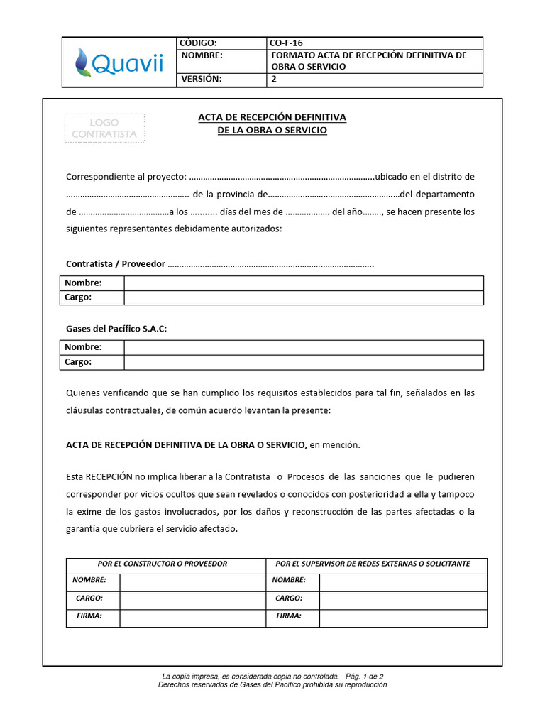 Co-F-16 Acta de Recepcion Definitiva de Obra o Servicio | PDF