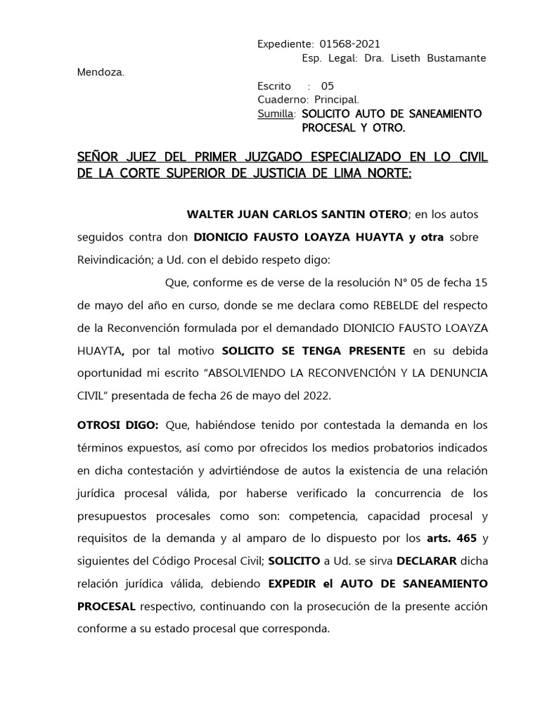 Solicito Auto de Saneamento Procesal - Exp. 1568-2021 Santin Otero | PDF | Ciencias sociales
