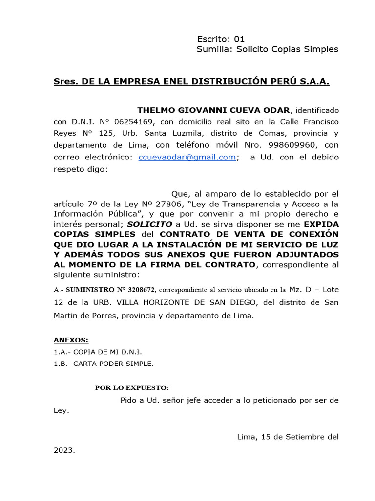 Solicito Copias Simples - Enel - Giovanni Cueva Odar | PDF | Derecho