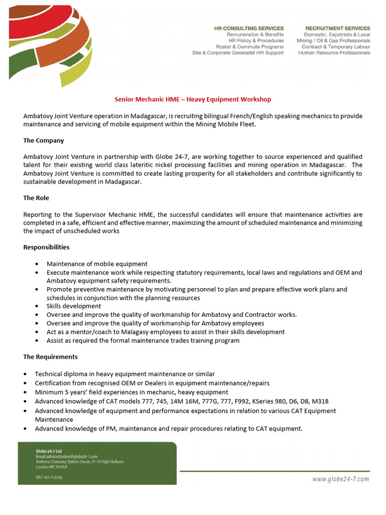 Advert - Supervisor Mechanic Heavy Equipment Workshop | PDF