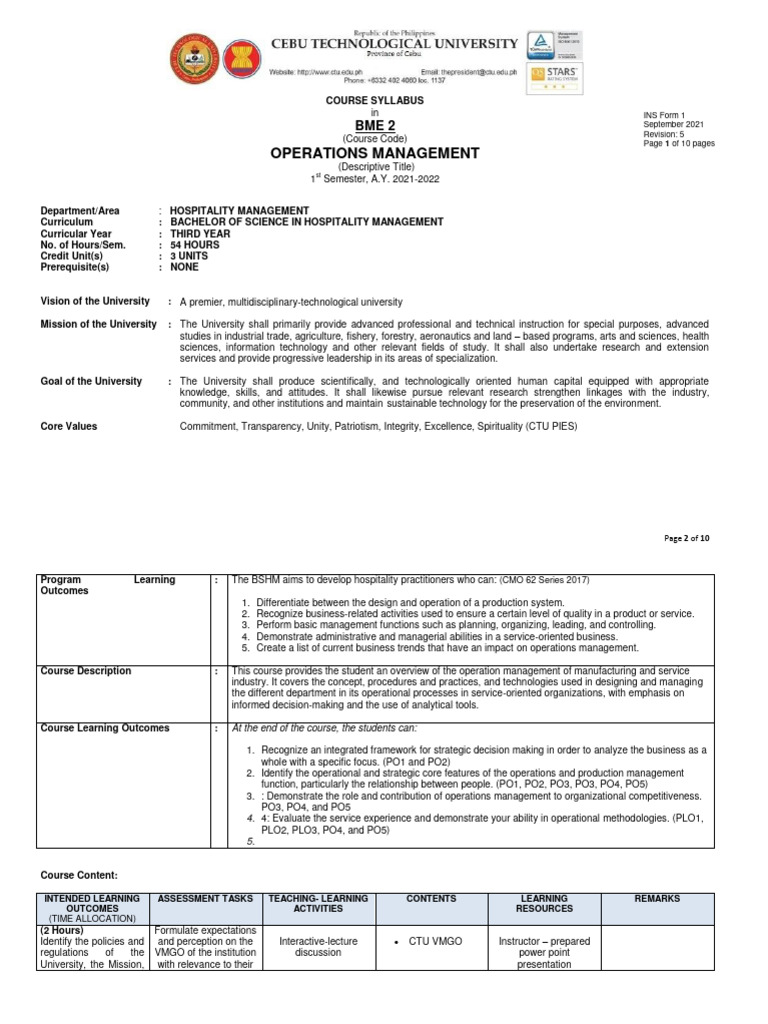 BME 2 Operations Management | PDF | Supply Chain | Curriculum