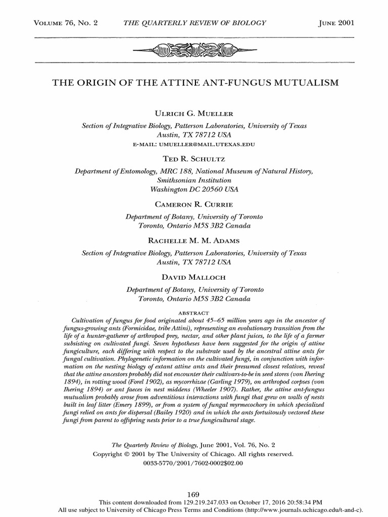 THE ORIGIN OF THE ATTINE ANT-FUNGUS MUTUALISM Mueller2001 | PDF ...