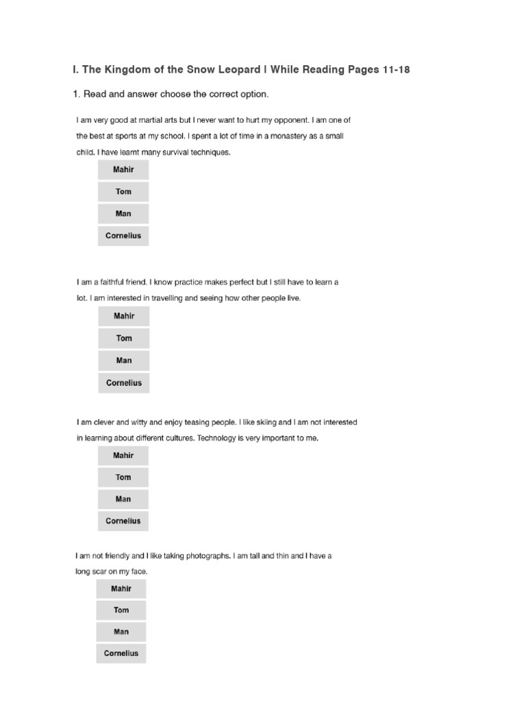 The Kingdom of the Snow Leopard Extra Exercises | PDF