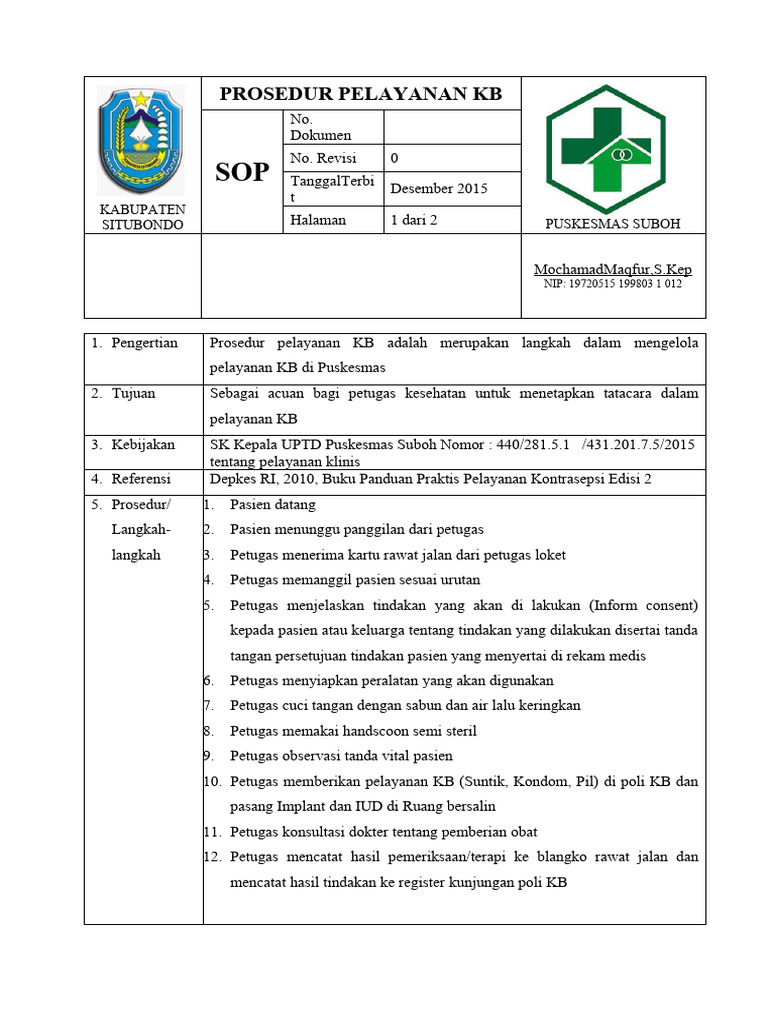 SOP Pelayanan KB Di Poli KB | PDF