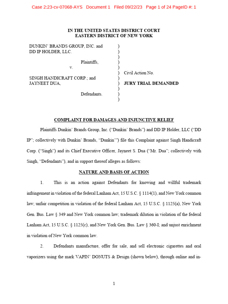 Dunkin Trademark Infringement Lawsuit | PDF