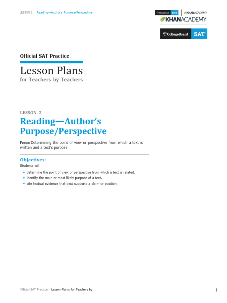 Official Sat Practice Lesson Plan Reading Author Purpose | PDF