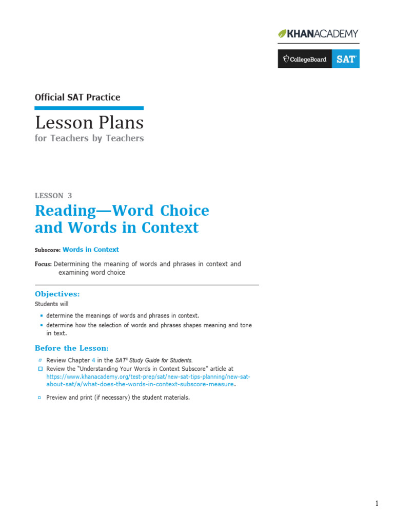 Official Sat Practice Lesson Plan Reading Word Choice | PDF