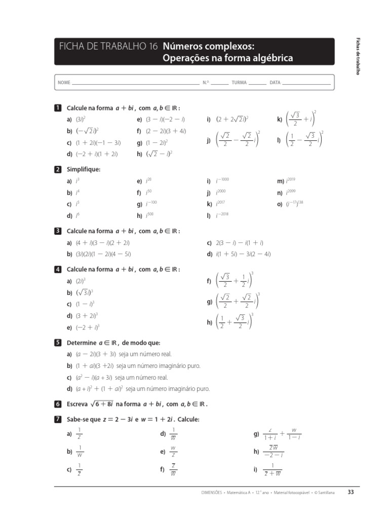 Ficha de Trabalho 16 - 12 Ano - Numeros Complexos e Operacoes Na Forma Algebrica | PDF ...