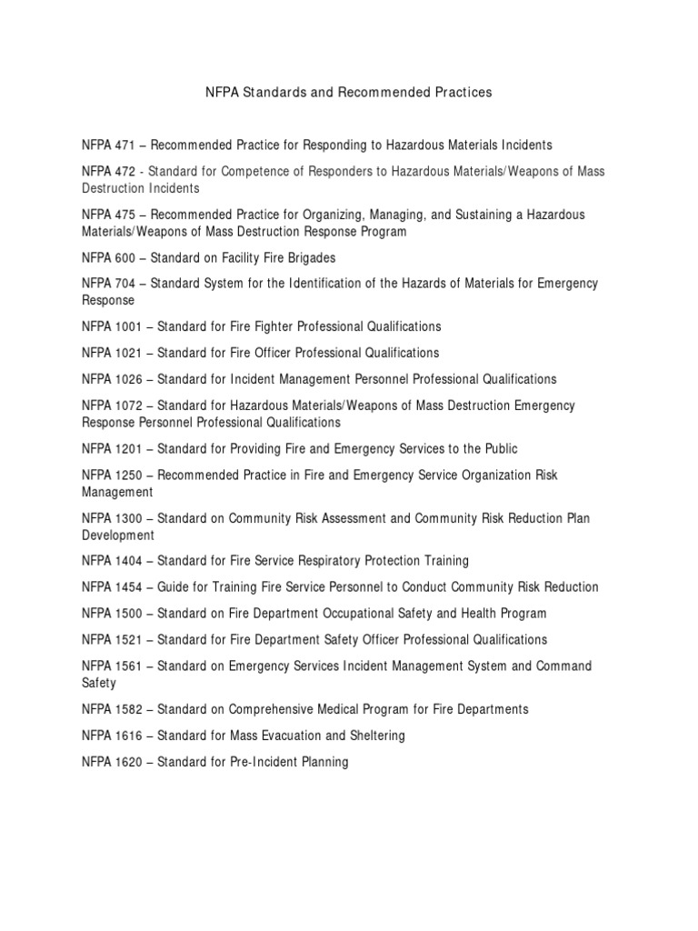 NFPA Standards and Recommended Practices | PDF | Dangerous Goods | Firefighter