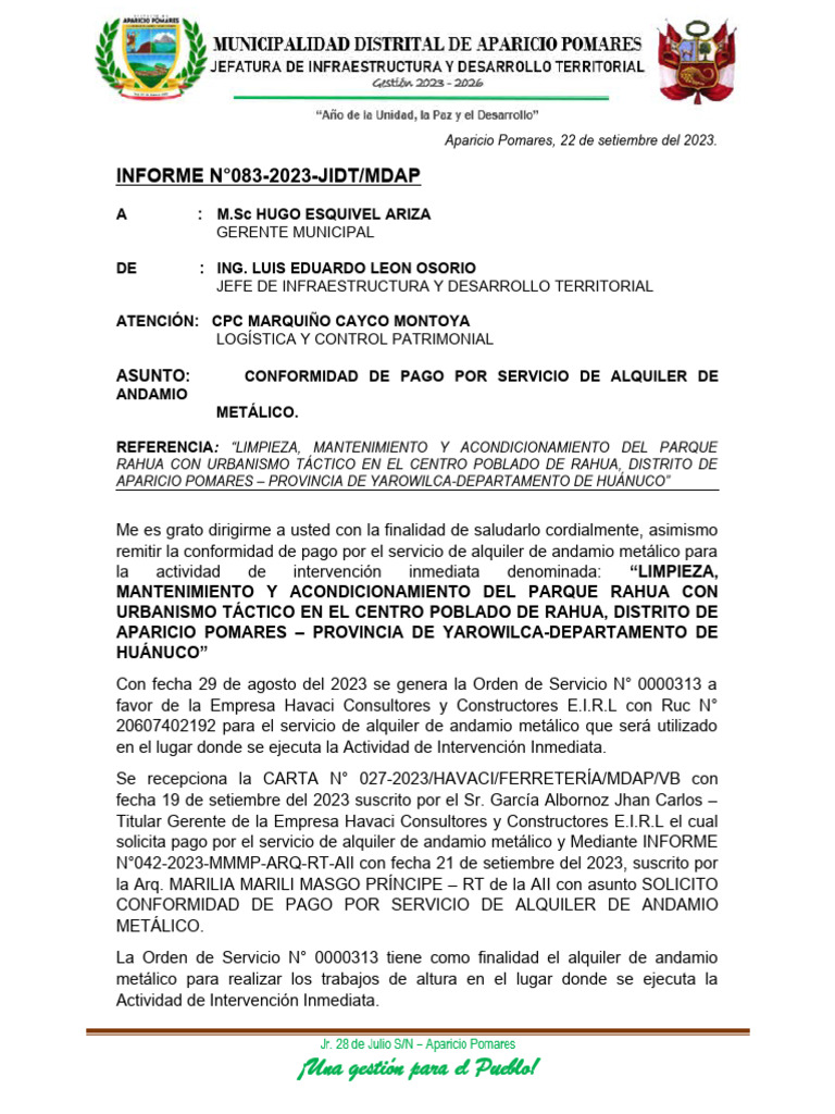 Informe N°083-2023 - Conformidad de Pago Servicio de Alquiler de Andamio Metalico Rahua Lurawi | PDF