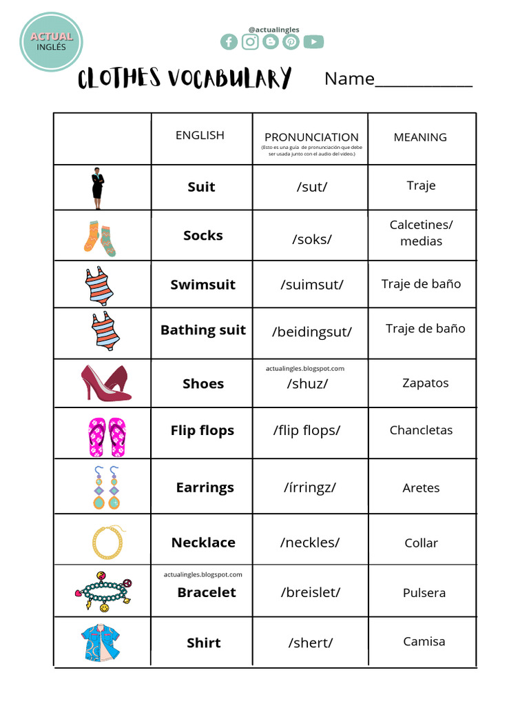 Vocabulario Ropa Inglés 1 | PDF