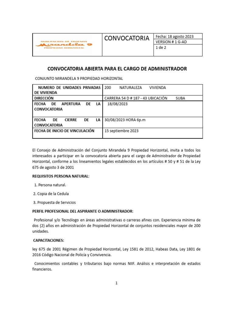 Convocatoria Abierta para El Cargo de Administrador | PDF Convocatoria Abierta para El Cargo de Administrador | PDF