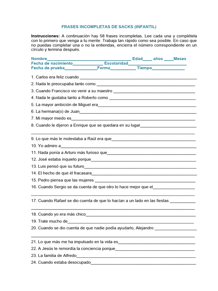 Frases Incompletas para Evaluación Infantil | PDF