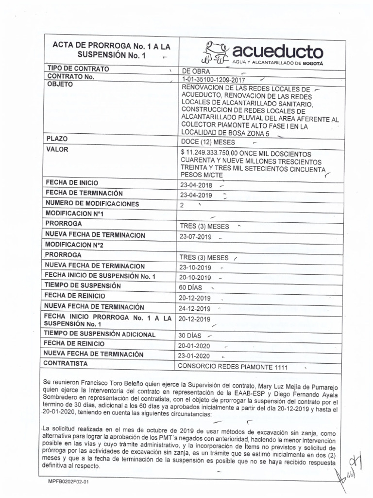 Acta de Prorroga # 1 Suspension # 1 | PDF