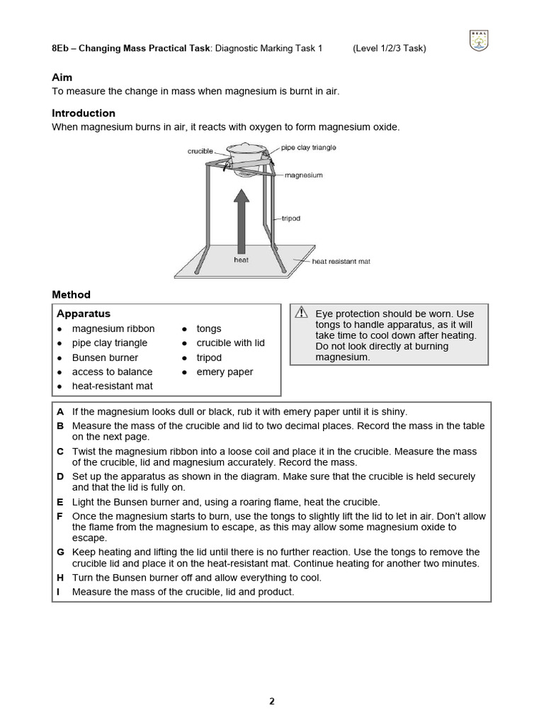 8eb - Changing Mass Practical Diagnostic Marking Task | PDF
