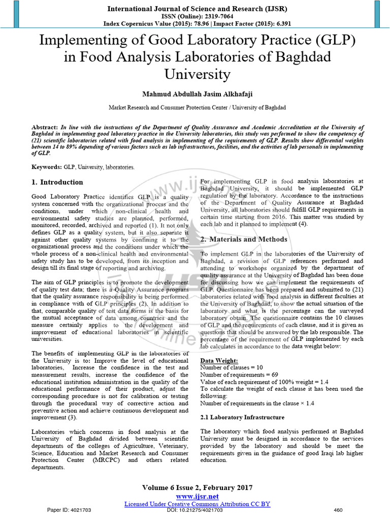 Implementing of Good Laboratory Practice (GLP) in Food Analysis Laboratories of Baghdad ...