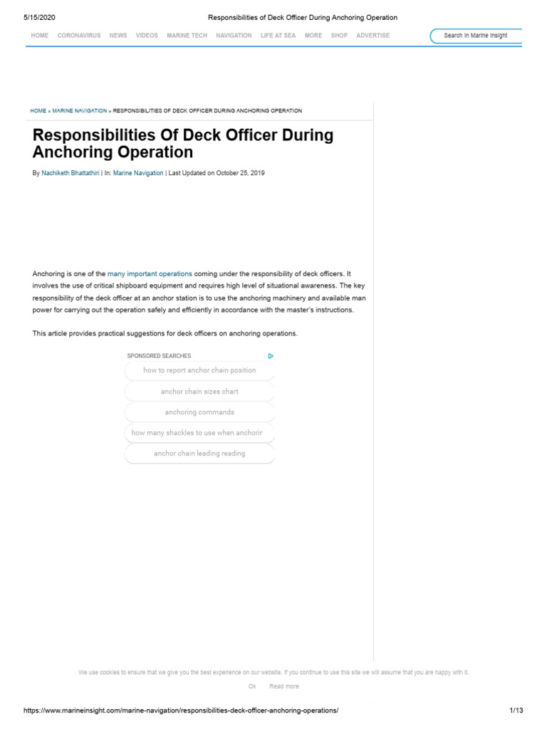 Responsibilities of Deck Officer During Anchoring Operation | PDF