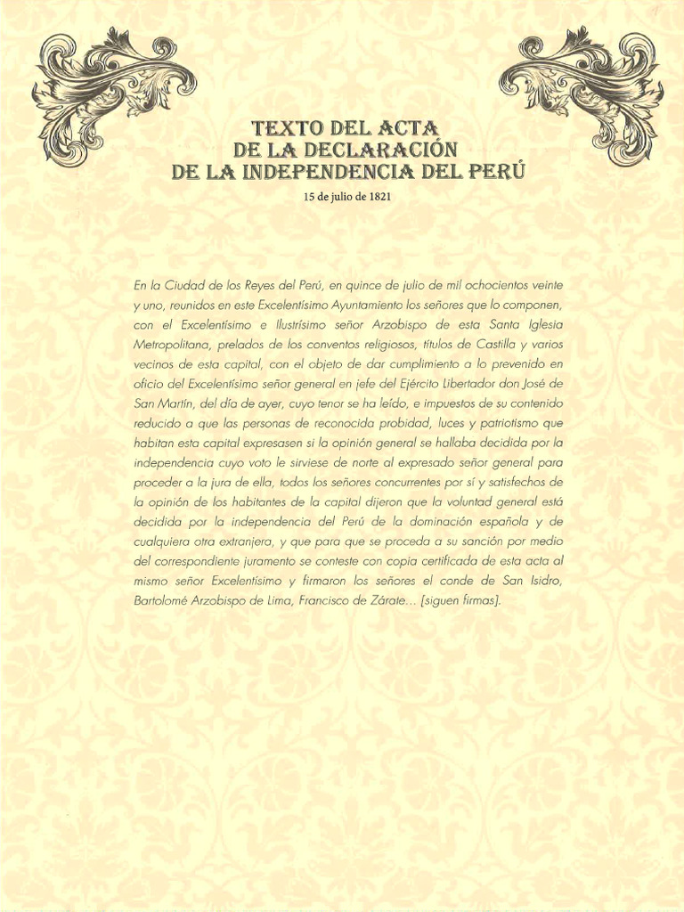 Texto del Acta de la Declaración de la Independencia del Perú, 15 de ...