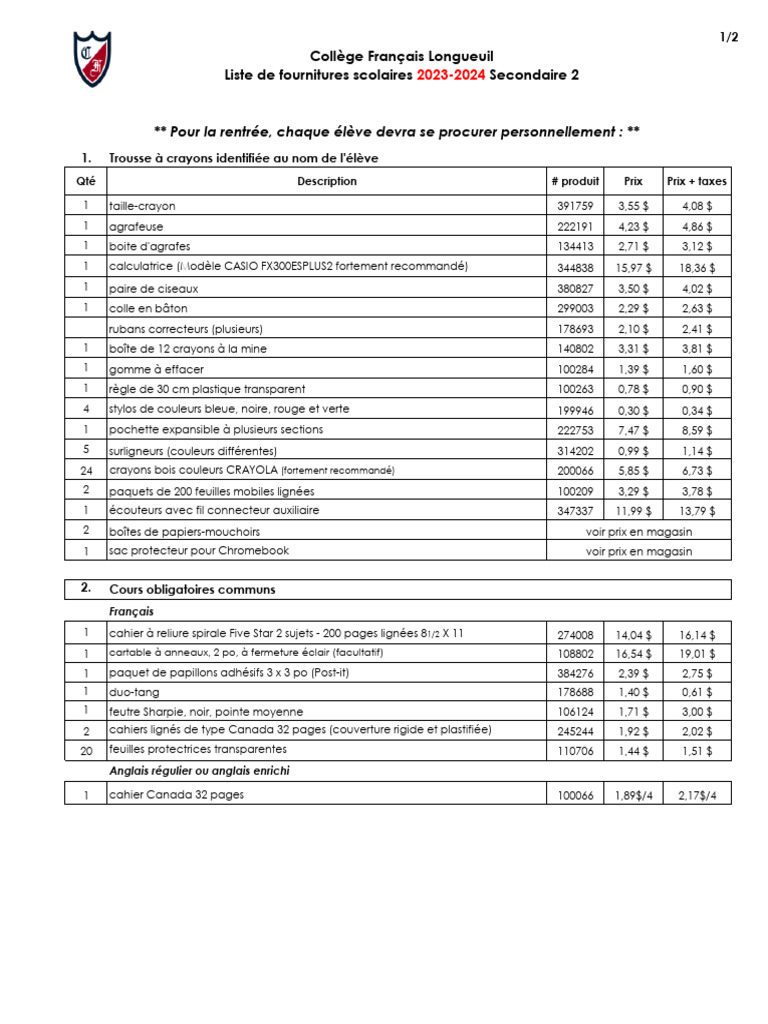 Liste fournitures scolaires Secondaire 2 | PDF | Maison et jardin