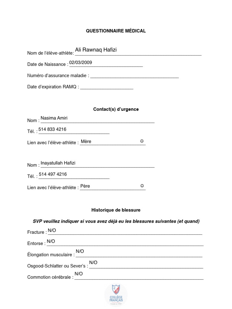 Questionnaire Médical | PDF