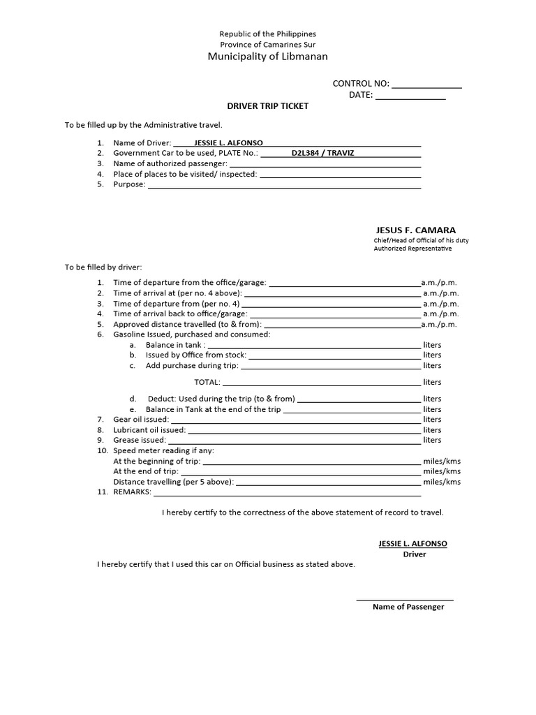Driver Trip Ticket | PDF | Vehicles | Vehicle Technology