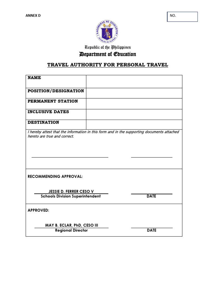 Annex D-Personal Foreign Travel Authority | PDF
