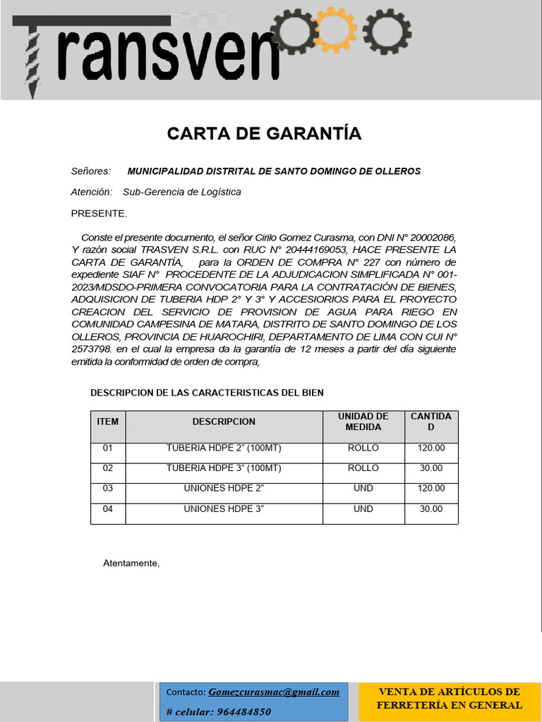 Carta de Garantia Transven | PDF