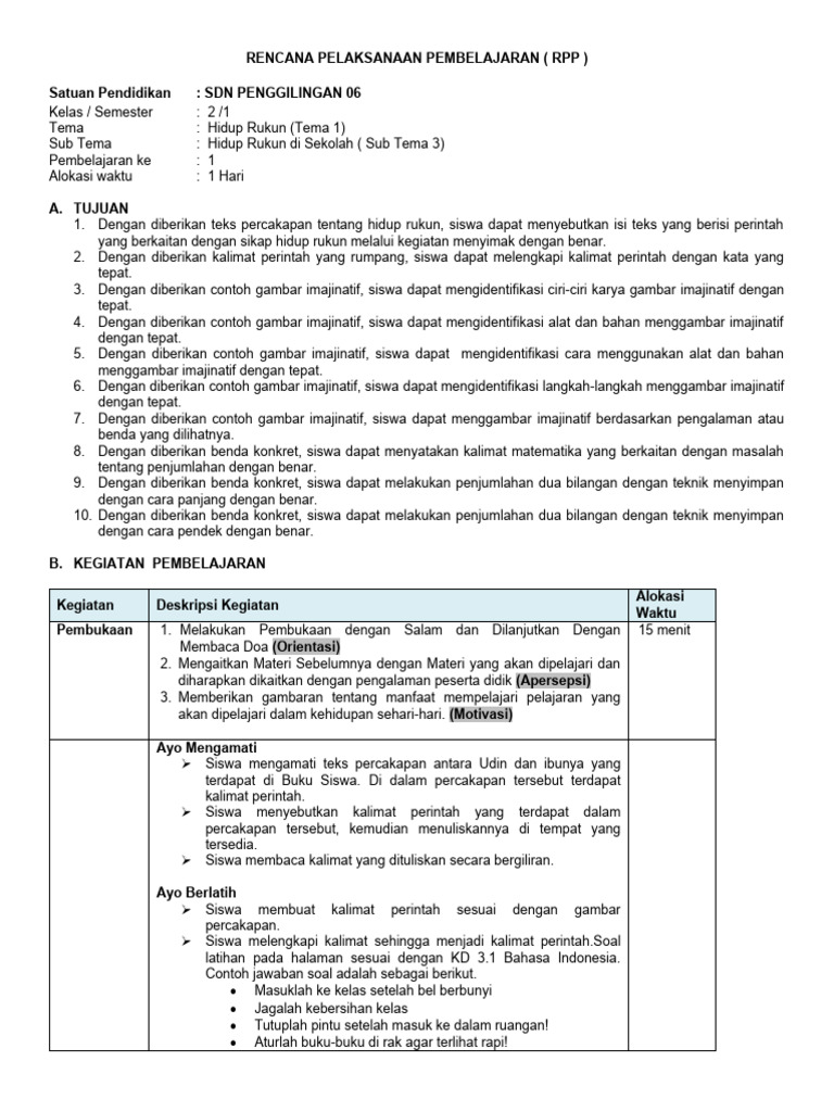 RPP Kls 2 Tema 1 Subtema 3 | PDF