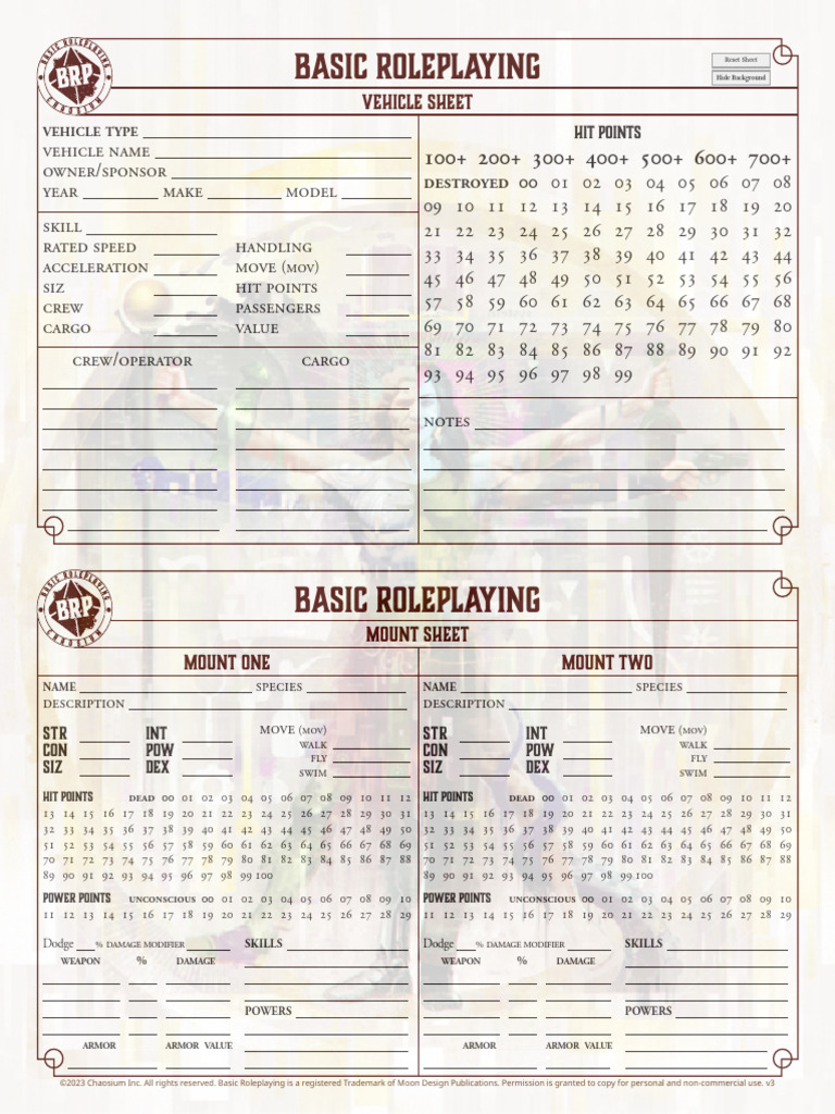 BRP Vehicle and Mount Sheets - Fillable | PDF