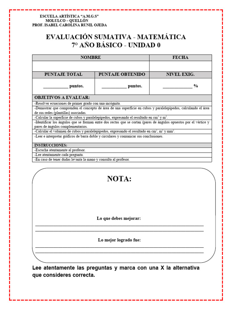 Prueba Sumativa 7° Básico Unidad 0 Pdf Matemáticas 2993