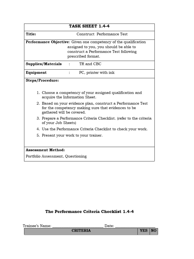 TASK SHEET 1.4-5 Prepare Performance Test | PDF