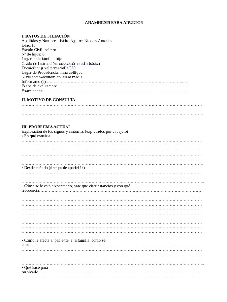 ANEXO 1. EJEMPLO DE ANAMNESIS PSICOLÓGICA DE ADOLESCENTES Y ADULTOS | PDF