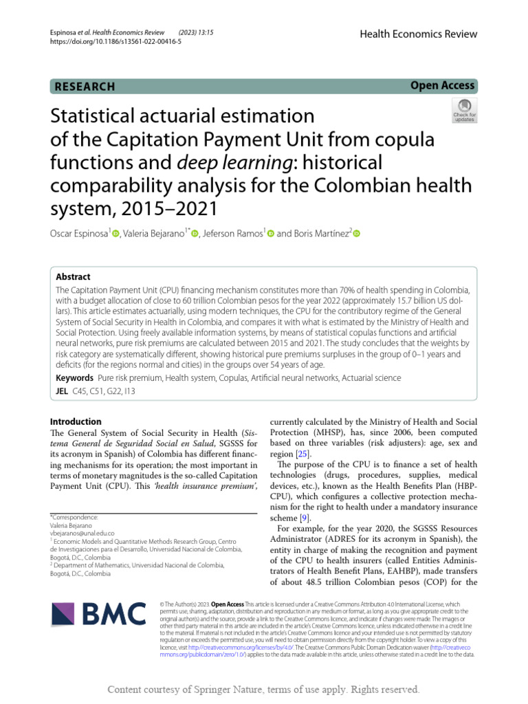 Statistical Actuarial Estimation Of The Capitation Pdf Risk Insurance