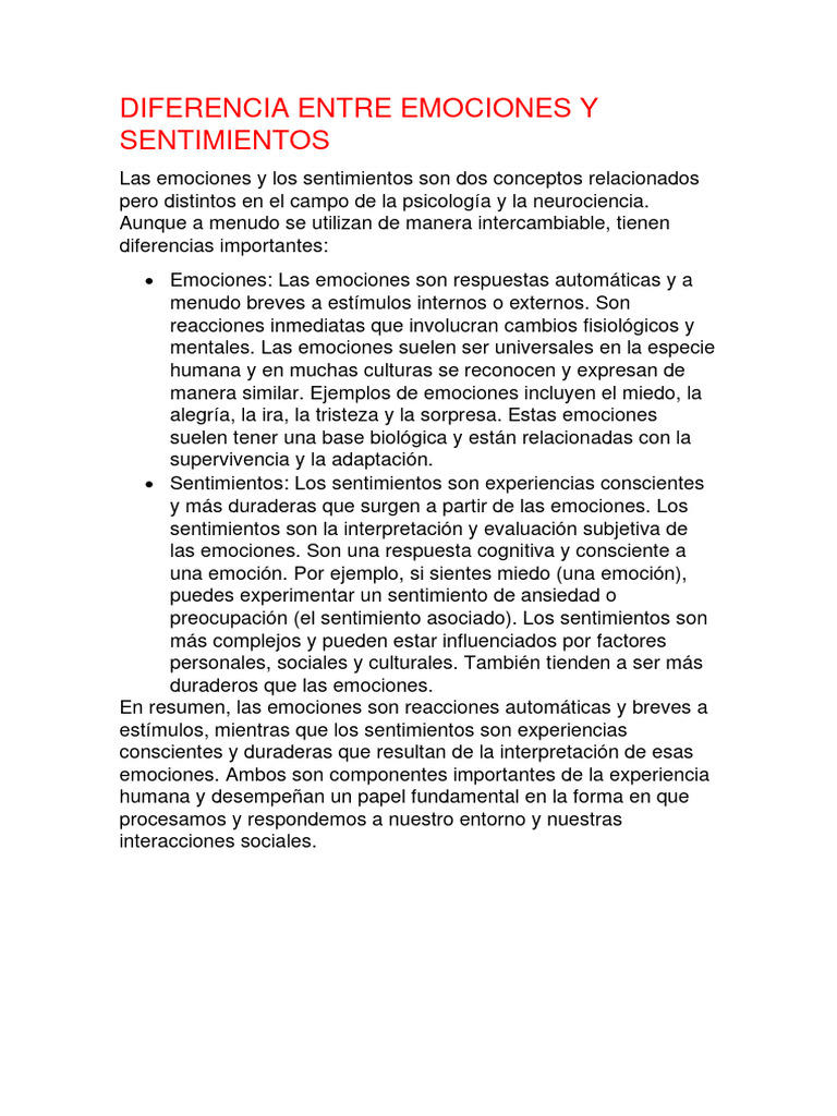DIFERENCIA ENTRE EMOCIONES Y SENTIMIENTOS | PDF | Las emociones | Experiencia subjetiva