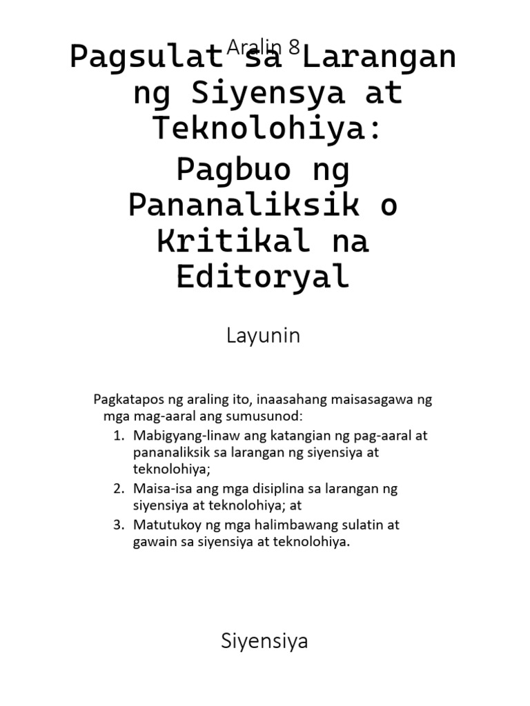 Aralin 8 Pagsulat Sa Larangan NG Siyensya at Teknolohiya Pagbuo NG ...