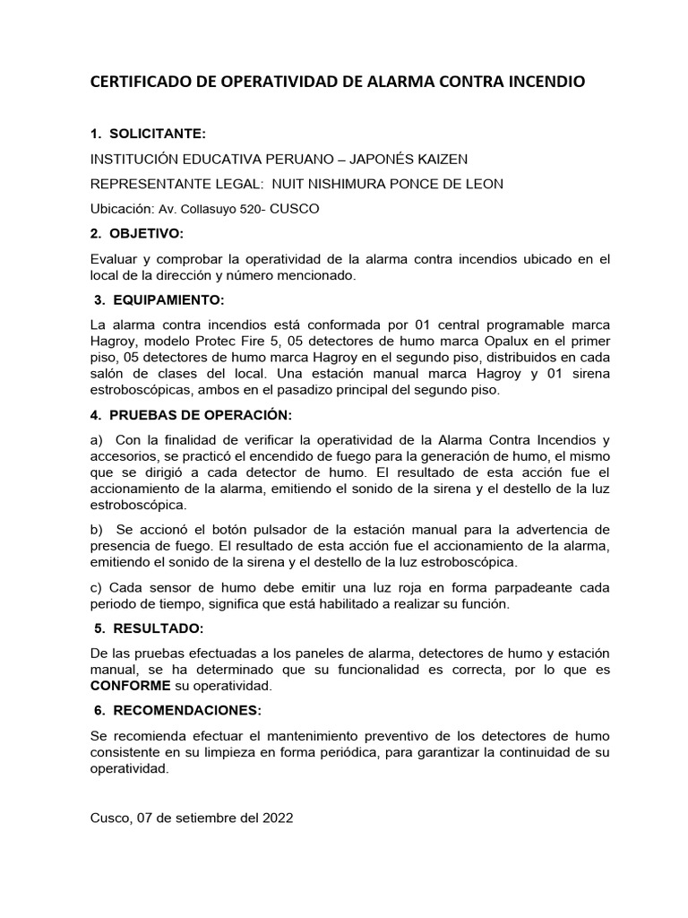 Certificado de Operatividad de Alarma Contra H | PDF