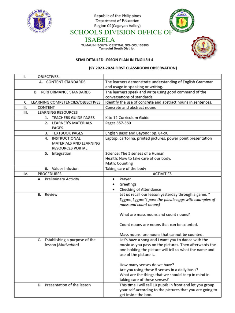 English 4 Lesson Plan: Nouns Explained | PDF