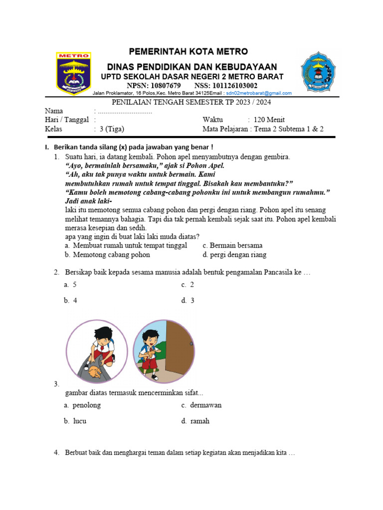 Soal PTS Kelas 3 Tema 2 Sub 1&2 SIAP | PDF