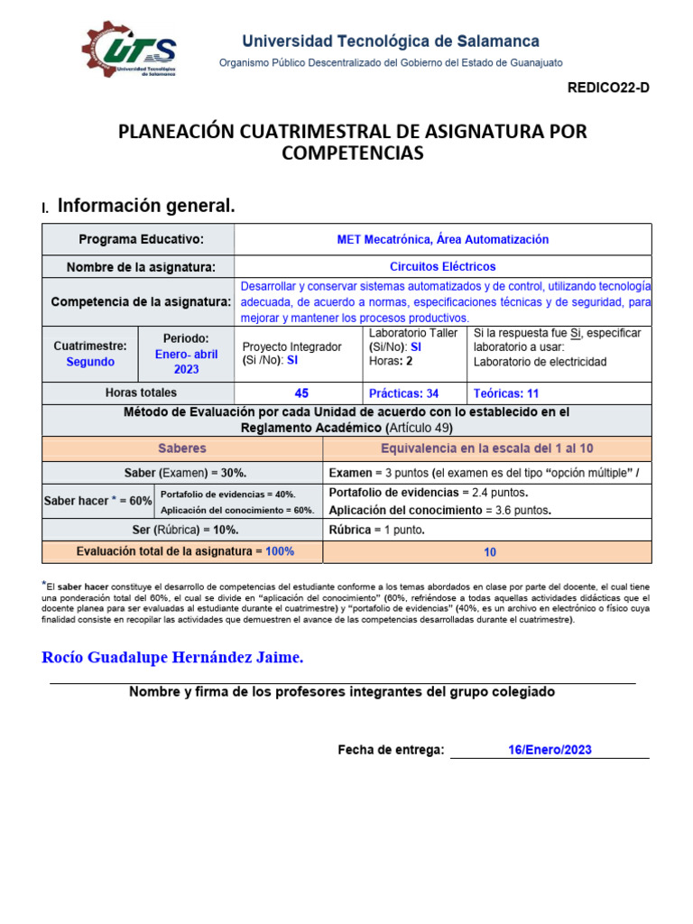 Planeación Cuatrimestral Circuitos Eléctricos | PDF | Software | Evaluación