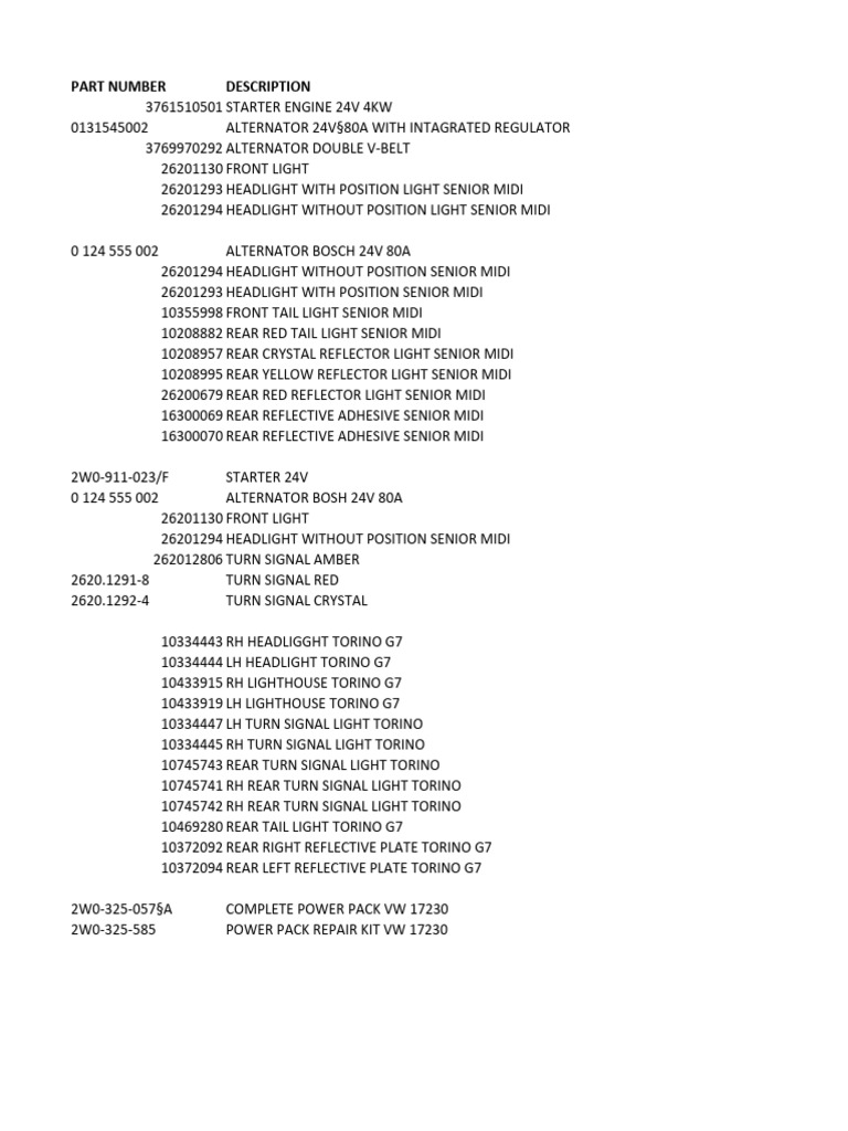 Automotive Parts List for VW & MB | PDF | Home & Garden