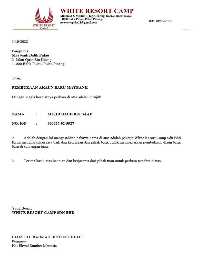 Surat Pembukaan Akaun Maybank Pekerja | PDF | Pengelolaan Keuangan & Uang