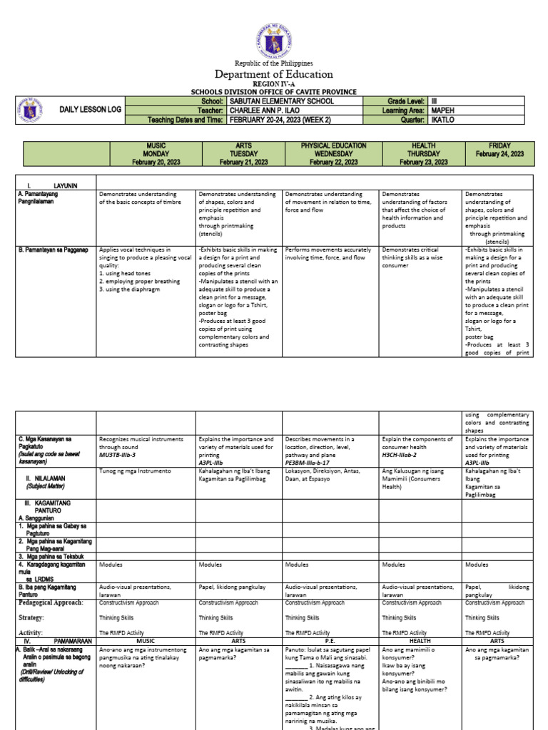 DLL Mapeh-3 Q3 Week2 | PDF