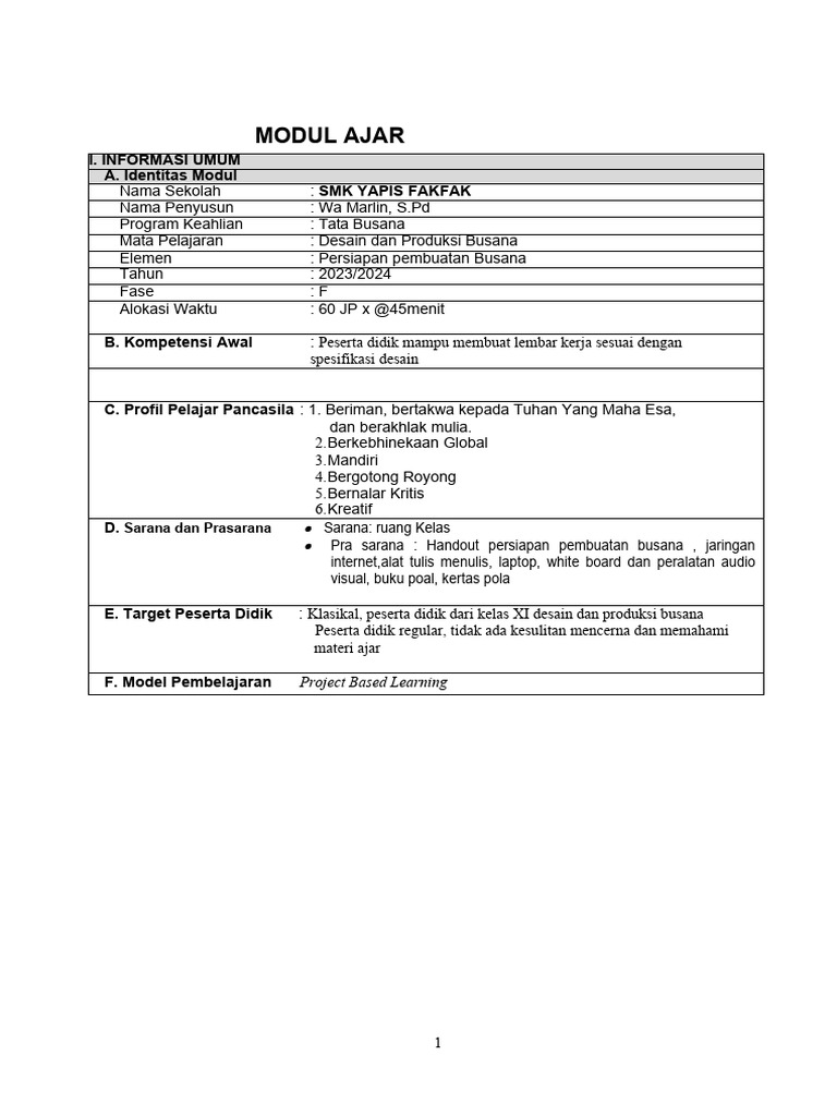 Modul Ajar Persiapan Pembuatan Busana F (Marlin) | PDF