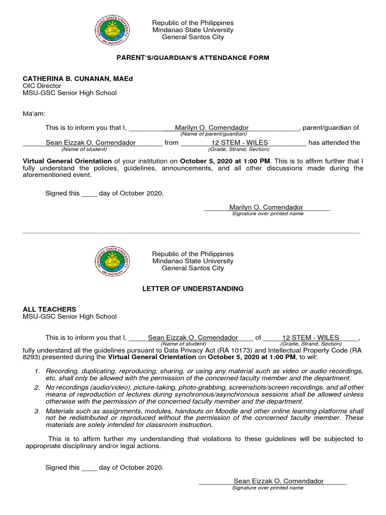 Attendance Form Letter of Understanding | PDF