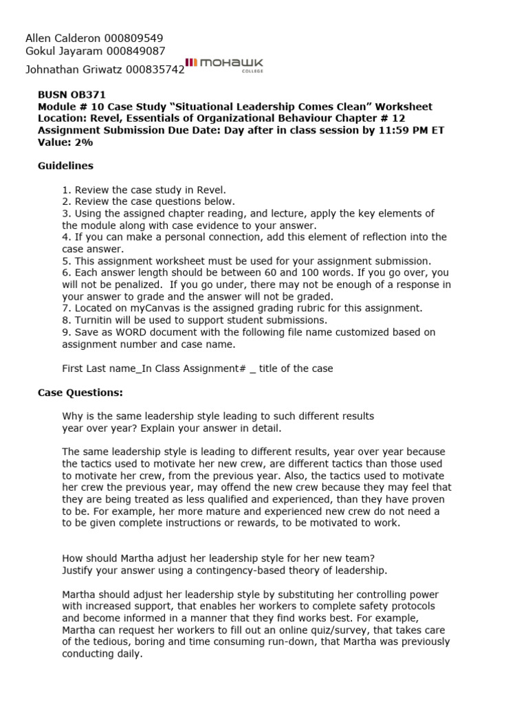 Module # 10 Case Study "Situational Leadership Comes Clean" Worksheet-1 ...