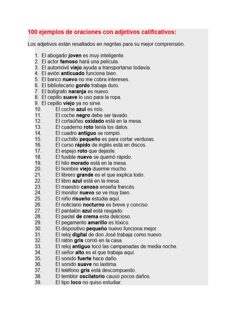100 Ejemplos de Oraciones Con Adjetivos Calificativos | PDF