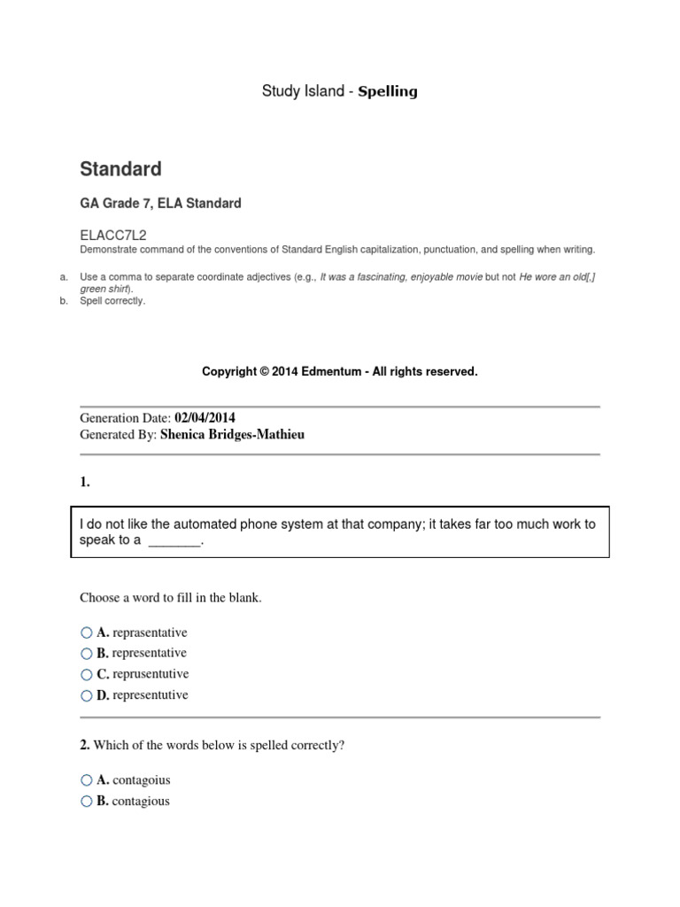 Study - Island (23) - Spelling Activities With Anwer Key | PDF | Verb ...
