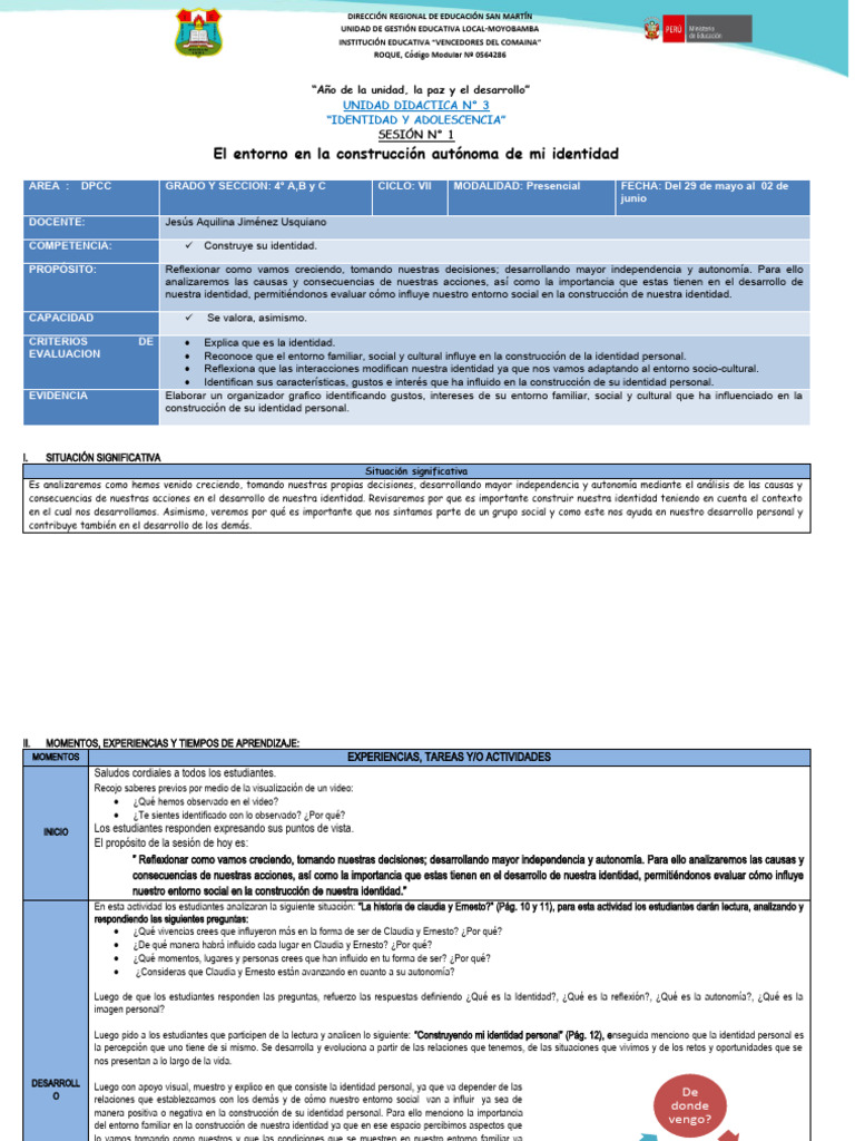 SESION DE APRENDIZAJE N° 1 - DPCC 4° A, B y C - SEGUNDO BIMESTRE | PDF
